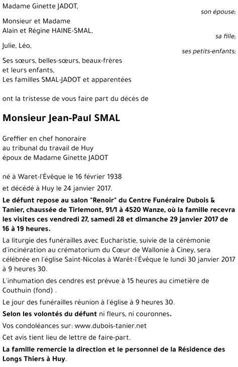 Avis De Décès De Jean Paul Smal Décédé Le 24 01 2017 à Huy Annonce Condoléances Fleurs Etc