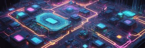 Abstract Circuit Board Design With Glowing Microchips And Pathways Stock Illustration
