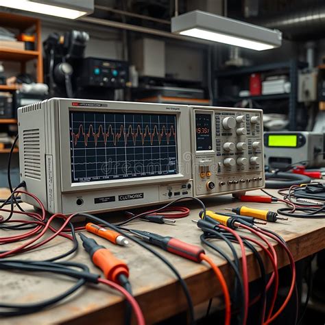 A Long Shot Of An Oscilloscope In An Industrial Electronics Workshop