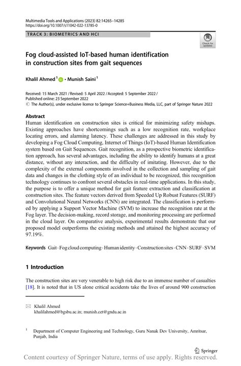 Fog Cloud Assisted Iot Based Human Identification In Construction Sites From Gait Sequences