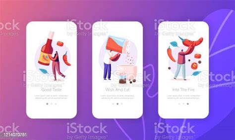 뜨거운 매운 음식 모바일 앱 페이지 온보드 화면 템플릿을 요리하는 사람들 작은 캐릭터는 붉은 칠리 페퍼 재료 멕시코 매운 요리와 맛있는 식사를 요리 개념 만화 벡터