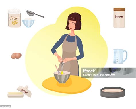 한 여자가 케이크를 굽는다 생과자 요리사는 털로 달걀을 때립니다 파이 재료 베이커의 도구 빵집과 제과 벡터 그림 믹서기에 대한 스톡 벡터 아트 및 기타 이미지 Istock