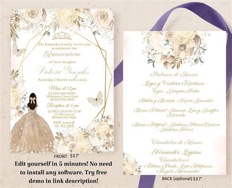 Invitación De Quinceañera Princesa Floral Beige Champán Invitación