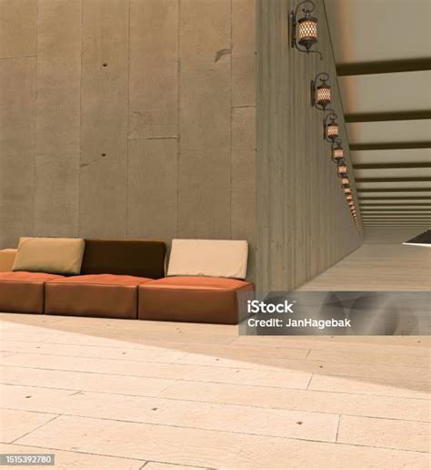 높은 베이지색 콘크리트 벽 긴 Majlis 스타일의 소파 벽 램프가 있는 넓은 내부 복도가 있는 아시아 스타일의 거실 인테리어 0명에 대한 스톡 사진 및 기타 이미지