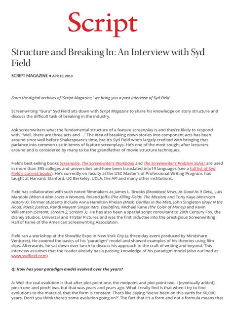 Structure And Breaking In An Interview With Syd Field Script