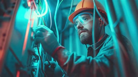 An Electrician Works On An Electrical Panel Wearing A Hard Hat And Safety Glasses Premium Ai
