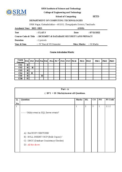 Ct3 Set D Answer Key Srm Institute Of Science And Technology College Of Engineering And