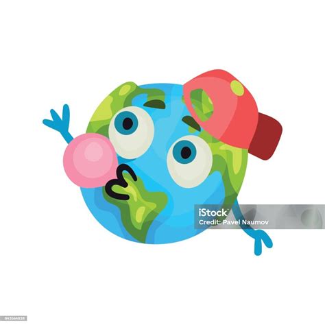 귀여운 만화 재미 지구 행성 Emoji 입고 빨간 모자 부 풍선껌 인간 답게 세계 문자 감정 다채로운 벡터 일러스트 레이 션