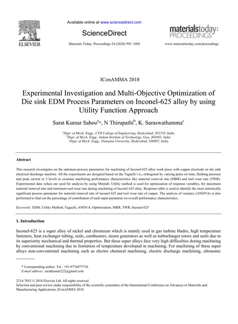 Pdf Experimental Investigation And Multi Objective Optimization Of Die Sink Edm Process