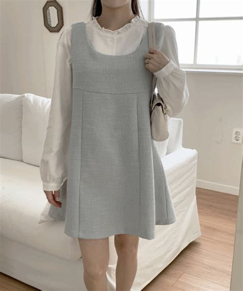 트위드 원피스 레이어드 민소매 플레어 나시 가을 미니원피스 에이블리