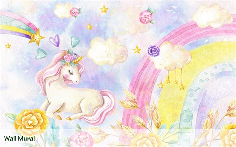 Watercolor Unicorn Wallpaper Peel And Stick Rainbow Clouds Etsy