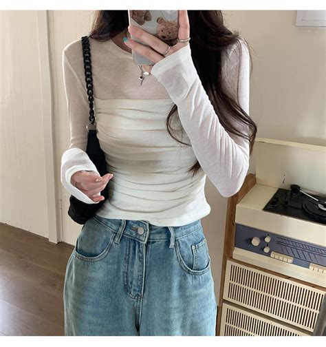 11할인최저가보장md강추 허리쏙 잘록 허리 레이어드 베이직이너템 시스루 셔링 긴팔티 신상 3 Col 2 에이블리