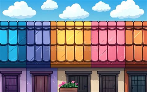 Colorful Storefronts With Vibrant Roofs Under A Bright Blue Sky In A