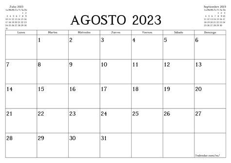Calendario Mes De Agosto Para Imprimir