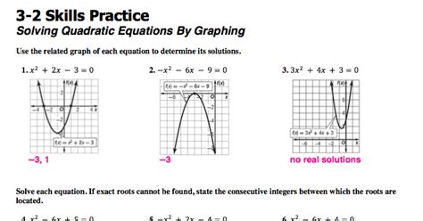 9 2 Skills Practice Solving Quadratic Equations By Graphing Worksheet