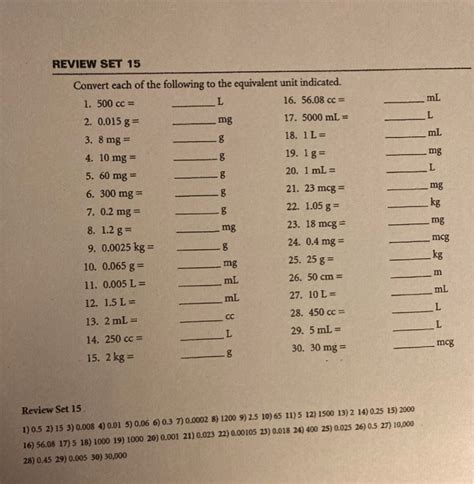 Solved ML L ML Mg L Mg Kg REVIEW SET 15 Convert Each Of The Chegg Com