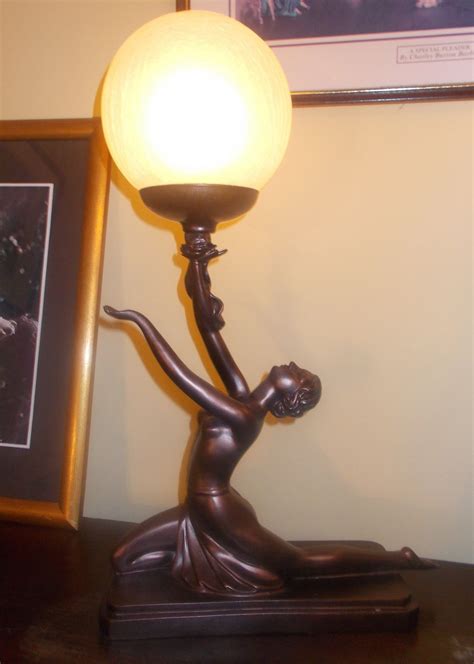 Art Deco Lamp Bronze Nude Glass Globe Lady Women Figurine Vintage