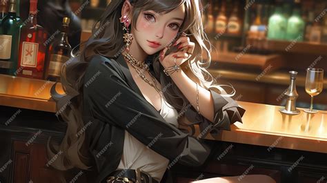 Premium Photo A Girl Sitting At A Bar With A Bottle Of Alcohol In The