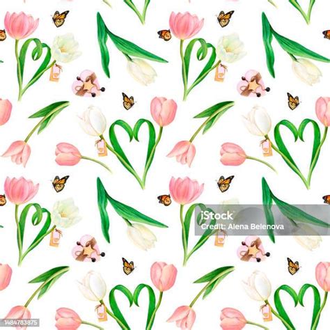 아름다운 분홍색과 흰색 튤립 하트 분리된 꽃 나비 명함 나무 하트가 있는 수채화 그린 사각형 패턴 0명에 대한 스톡 벡터 아트 및 기타 이미지 Istock