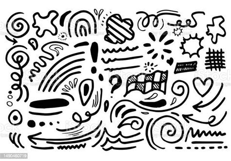 손으로 그린 추상 벡터의 집합입니다 다양한 낙서 화살표 방향 모양 자유형 선 곡선 점 나선 개념에 대한 스톡 벡터 아트 및 기타 이미지 Istock