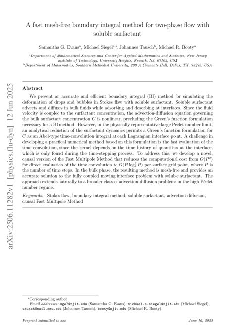 Pdf A Fast Mesh Free Boundary Integral Method For Two Phase Flow With Soluble Surfactant