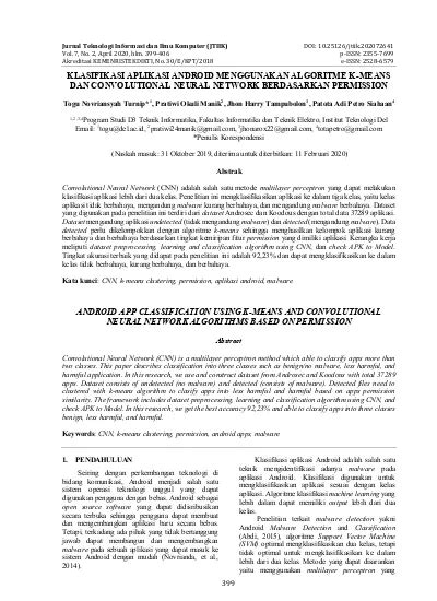 Klasifikasi Aplikasi Android Menggunakan Algoritme K Means Dan Convolutional Neural Network