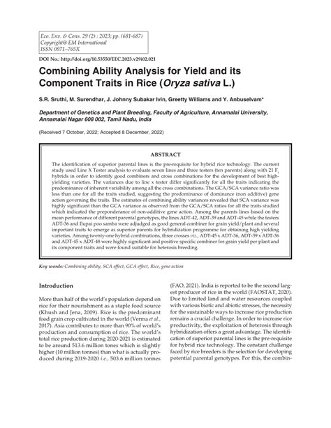 Pdf Combining Ability Analysis For Yield And Its Component Traits In Rice Oryza Sativa L