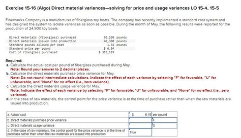 [solved] Exercise 15 16 Algo Direct Material Variances