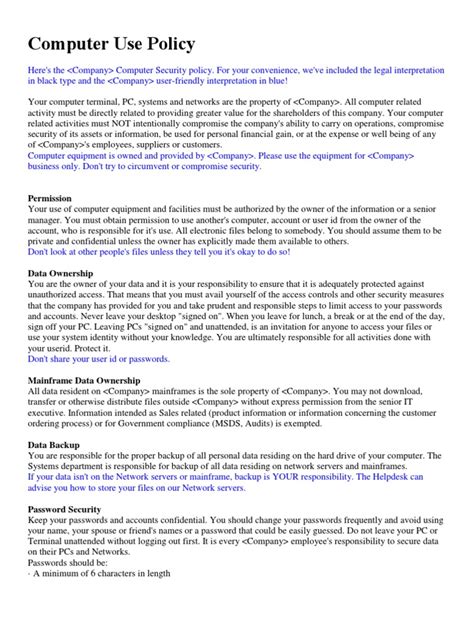 Computer Use Policy Pdf Internet Password