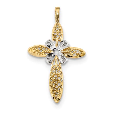 14k Wwhite Rhodium Polished Filigree Cross Pendant Pg98102