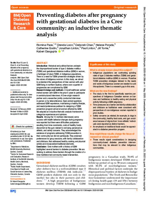 Pdf Preventing Diabetes After Pregnancy With Gestational Diabetes In A Cree Community An