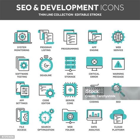 서 장 훈과 애플 리 케이 션 개발입니다 검색 엔진 최적화 인터넷 전자 상거래 얇은 선 블루 웹 아이콘 설정합니다 개요 아이콘 컬렉션입니다 벡터 일러스트 레이 션 아이콘에