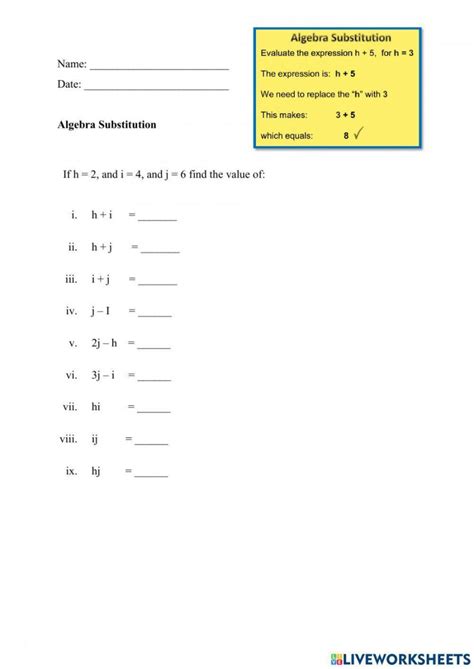 Algebraic Expressions Substitution Worksheets Printable Pdf Template