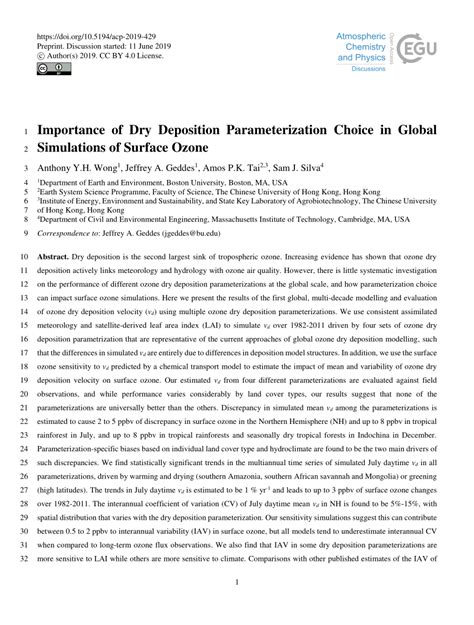 Pdf Importance Of Dry Deposition Parameterization Choice In Global Simulations Of Surface Ozone