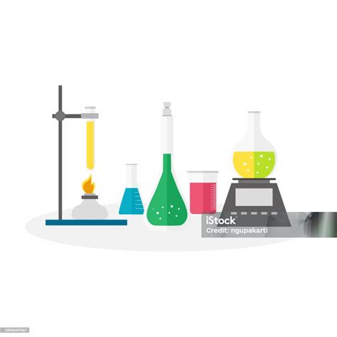 화학 실험의 플랫 디자인 벡터 일러스트 개념 흰색 배경에 화학 연구 장비 Alembic 바이알 모래 시계 드롭퍼 Erlenmeyer 및 반응 튜브실험실 실험실 건강관리와