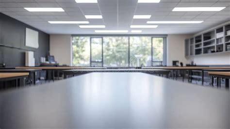 Blurred Empty Science Laboratory Classroom Interior With Long Tables Chairs And Large Window