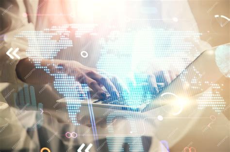 Premium Photo Double Exposure Of Woman Hands Working On Computer And World Map Hologram