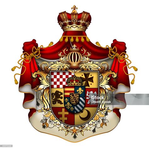 흰색 배경에 크라운과 왕실 맨틀이 있는 헤럴드 방패 3d 벡터 높은 상세한 사실적인 일러스트레이션 고풍스런에 대한 스톡 벡터