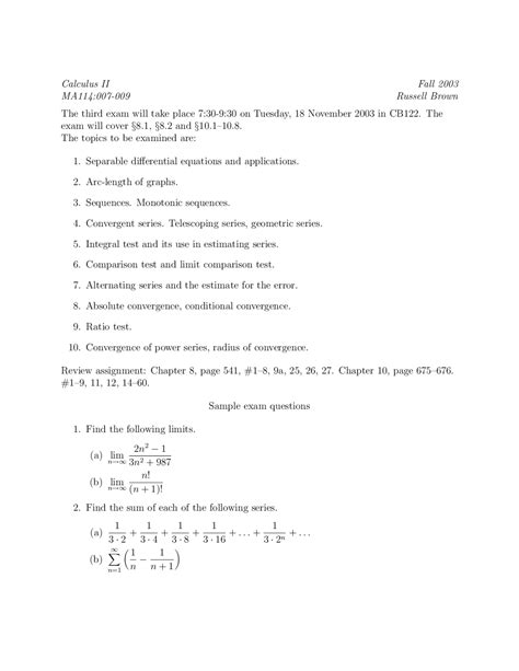 Review Questions For Calculus Ii Fall 2003 Ma 114 Docsity