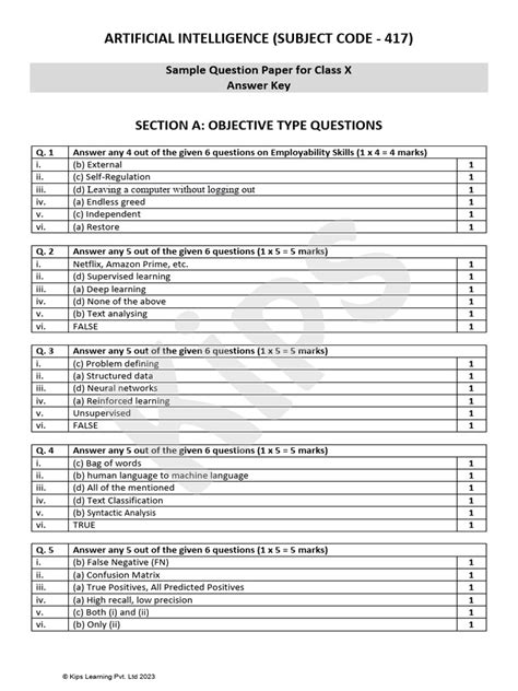 Ai Class 10 Sample Paper 1 Answer Key Pdf Machine Learning