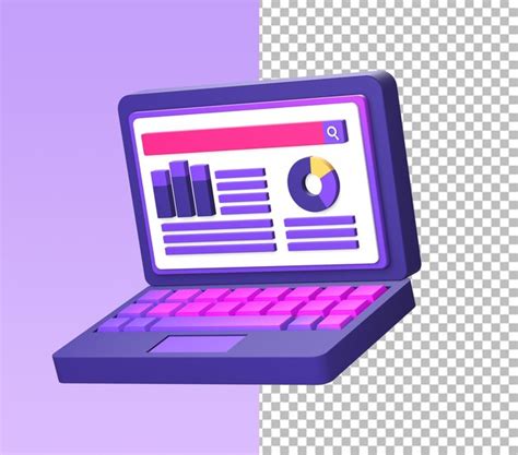 Ui Ux 디자인을 위한 인포그래픽 차트 및 그래프 측면이 있는 간단한 노트북의 3d 보라색 그림 아이콘 프리미엄 Psd 파일