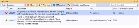 1 errors and 1 warning occurred after building the solution with