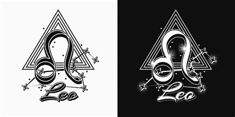흑백 아이콘은 별자리가 있는 사자자리 텍스트 삼각형을 불 요소에 대한 연금술 기호로 사용합니다 별자리 난해한 요소 빈티지 스타일