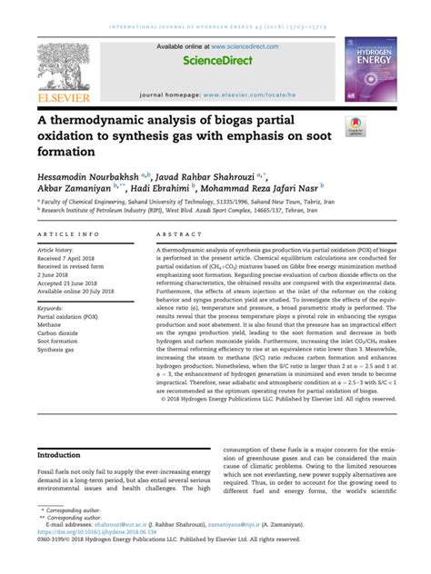Nourbakhsha Thermodynamic Analysis Of Biogas Partial Oxidation To Synthesis Gas With Emphasis