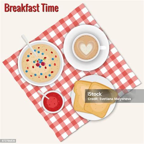 아침 식사 세트입니다 커피 토스트 크로와상 잼 오트밀 카푸치노 0명에 대한 스톡 벡터 아트 및 기타 이미지 0명 개체 그룹