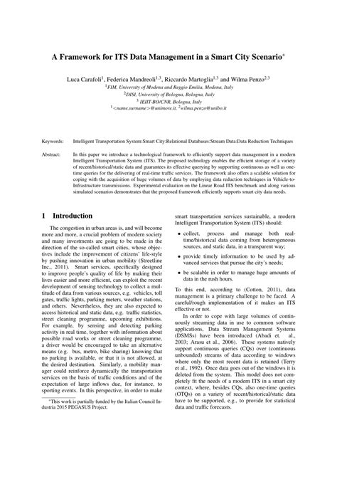 PDF A Framework For ITS Data Management In A Smart City Scenario