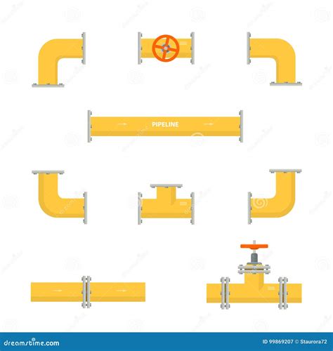 Kit Set Of Pipelines Isolated Yellow Elements Of The Pipeline Gas And Oil Industry Stock