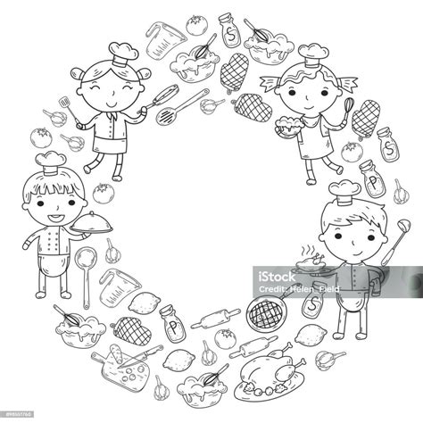 귀여운 아이 요리사 흰색 배경 어린이 요리 부엌 어린이 요리 수업 색칠 페이지 6 7 살에 대한 스톡 벡터 아트 및 기타 이미지 6 7 살 가정 주방 가정의 방