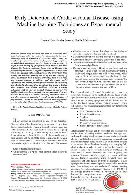 PDF Early Detection Of Cardiovascular Disease Using Machine Learning Techniques An
