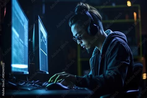 Babe Hacker Male Man Babe Hacking A Network System With A Laptop Computer Danger For Cyber
